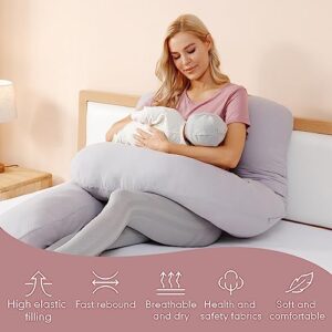 JOHNPEY Muslin Pregnancy Pillows for Sleeping, 100% Muslin Cotton Pregnancy Pillow for Pregnant Women to Sleep, Soft Full Body Maternity Pillows (Gray,55in)