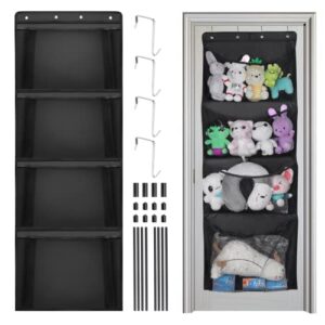 stuffed animal organizer, 4 pockets over door organizer for stuffies and toy plush, kids bedroom organization animal storage net hammock with hooks, hanging toy plush storage for nursery, bedroom