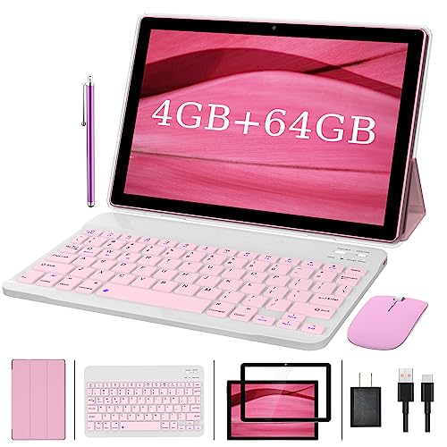 2 in 1 Tablet 10 Inch, Android 11.0 Tablet with Keyboard Case, 4GB+64GB ROM/512GB Computer Tablets, Quad Core, HD Touch Screen, Dual Carema, Games, Wi-Fi，BT, Google GMS Certified Tablet PC (Pink)