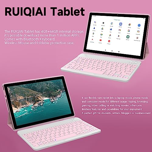 2 in 1 Tablet 10 Inch, Android 11.0 Tablet with Keyboard Case, 4GB+64GB ROM/512GB Computer Tablets, Quad Core, HD Touch Screen, Dual Carema, Games, Wi-Fi，BT, Google GMS Certified Tablet PC (Pink)