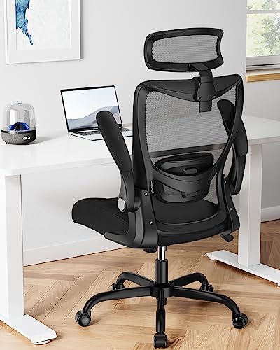 HUANUO Ergonomic Mesh Office Chair, High Back Desk Chair with Adjustable Lumbar Support & Headrest, Flip-Up Armrests, and Adjustable Height, Home Computer Chair with Tilt Lock Function