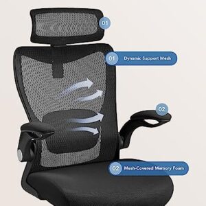 HUANUO Ergonomic Mesh Office Chair, High Back Desk Chair with Adjustable Lumbar Support & Headrest, Flip-Up Armrests, and Adjustable Height, Home Computer Chair with Tilt Lock Function