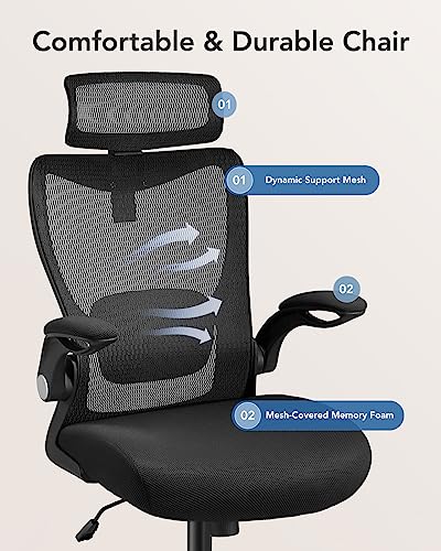 HUANUO Ergonomic Mesh Office Chair, High Back Desk Chair with Adjustable Lumbar Support & Headrest, Flip-Up Armrests, and Adjustable Height, Home Computer Chair with Tilt Lock Function