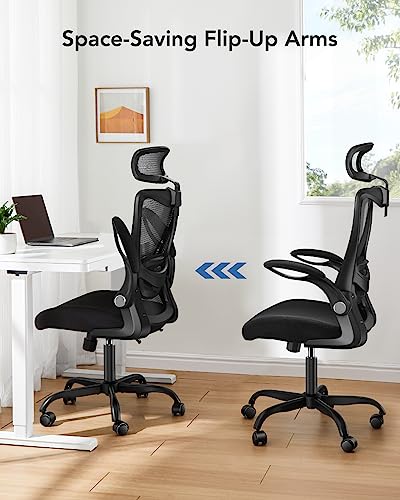 HUANUO Ergonomic Mesh Office Chair, High Back Desk Chair with Adjustable Lumbar Support & Headrest, Flip-Up Armrests, and Adjustable Height, Home Computer Chair with Tilt Lock Function