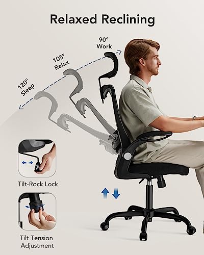 HUANUO Ergonomic Mesh Office Chair, High Back Desk Chair with Adjustable Lumbar Support & Headrest, Flip-Up Armrests, and Adjustable Height, Home Computer Chair with Tilt Lock Function