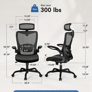 HUANUO Ergonomic Mesh Office Chair, High Back Desk Chair with Adjustable Lumbar Support & Headrest, Flip-Up Armrests, and Adjustable Height, Home Computer Chair with Tilt Lock Function