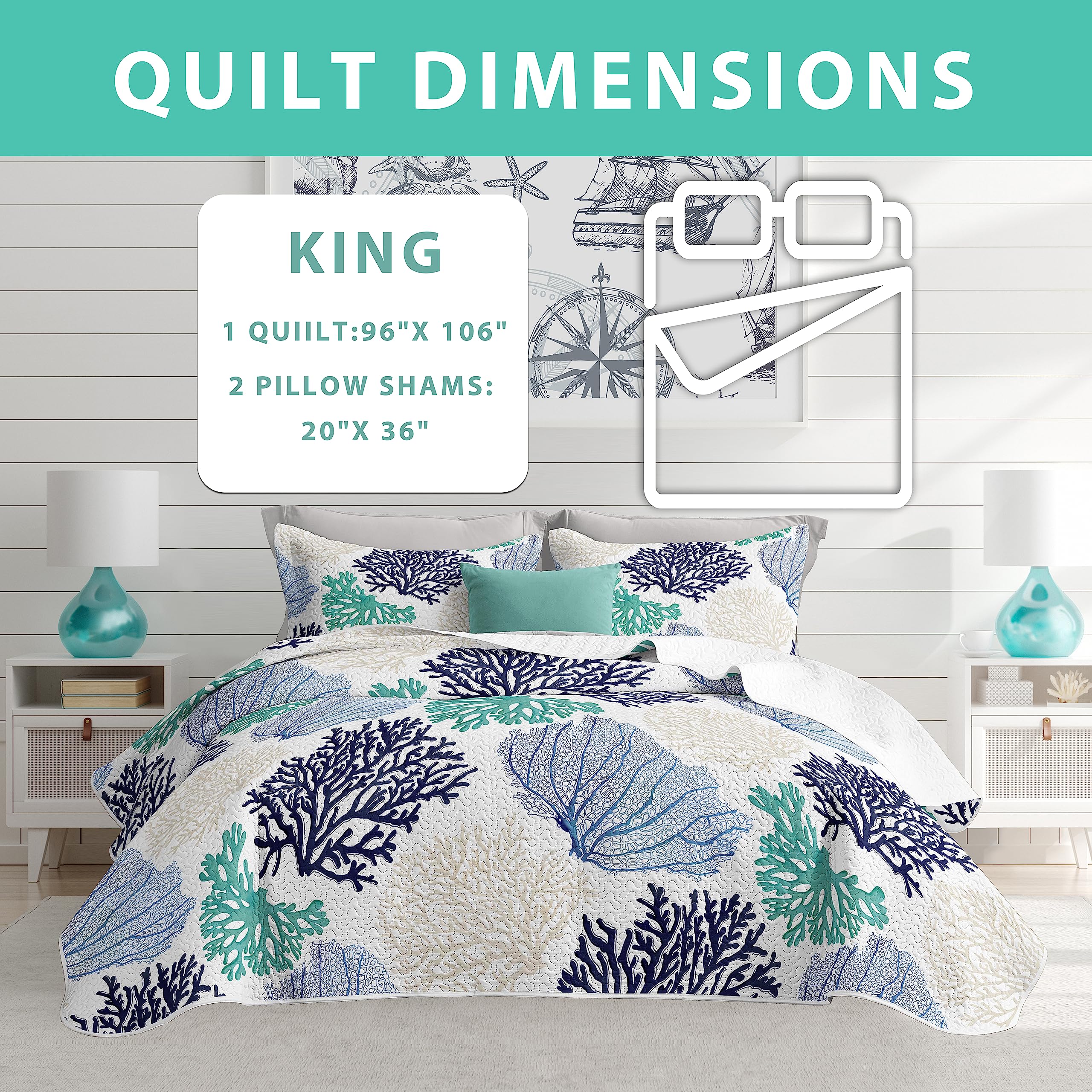 3 Piece Blue Teal Coral Coastal Quilt Sets King Size Nautical Beach Bedding Lightweight Reversible Microfiber Coverlet with 2 Shams Ocean Themed Bedspread Comforter Set for All Season, 96" x 106"