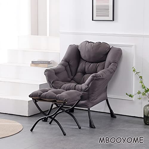 MBOOYOME Lazy Lazy Chair with Ottoman, Modern Soft Reading Chair Accent Contemporary Lounge Leisure Sofa Chair with Armrests and a Side Pocket for Living Room, Bedroom, Dorm & Office, Dark Grey