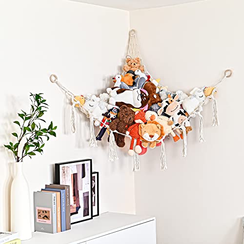 Hautton Stuffed Animal Hammock Net Storage, Macrame Hanging Hammock Plushie Toy Organizer Boho Wall Corner Net Holder for Kids Room Nursery Playroom -Large/White