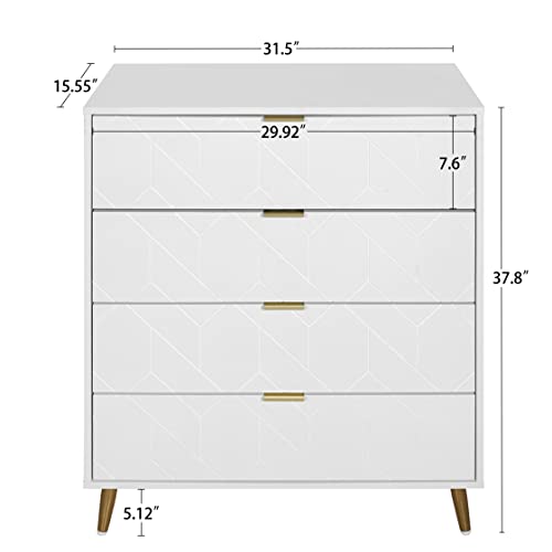 Pvillez 4 Drawer Dresser, Wood Drawer Chest, Tall Storage Dresser Cabinet Organizer Unit with Metal Legs, White Dresser for Bedroom, Living Room, Baby, Kids, Nursery, Closet Dresser, Night Stand