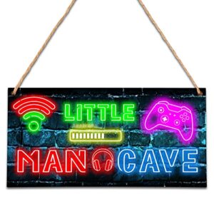 little man cave, neon gaming wooden door sign for gamer room decor, boys decorations for bedroom nursery playroom wall art (5"x10") -a06