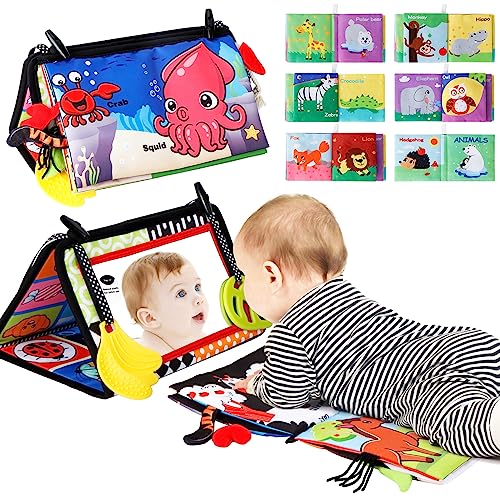 DRMATION Tummy Time Toys, Baby Play Mat 3 in 1 Baby Mirror and 2 Animal Theme Crinkle Cloth Books Kit,Montessori Infant Toys for Babies 0 3 6 9 Months Boys Girls Crawling Sensory Toy