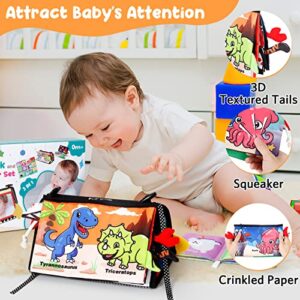 DRMATION Tummy Time Toys, Baby Play Mat 3 in 1 Baby Mirror and 2 Animal Theme Crinkle Cloth Books Kit,Montessori Infant Toys for Babies 0 3 6 9 Months Boys Girls Crawling Sensory Toy