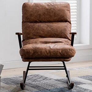 VESCASA Faux Leather Rocking Chair with Adjustable Cushioned Back, Overstuffed Nursery Rocker with Wood Arms, 22" W Lounge Glider Chair for Living Room/Bedroom/Reading, Brown