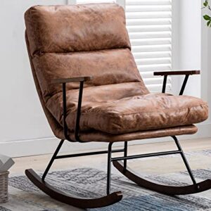 VESCASA Faux Leather Rocking Chair with Adjustable Cushioned Back, Overstuffed Nursery Rocker with Wood Arms, 22" W Lounge Glider Chair for Living Room/Bedroom/Reading, Brown