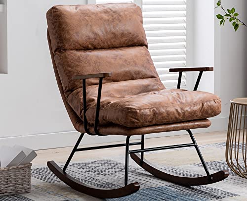 VESCASA Faux Leather Rocking Chair with Adjustable Cushioned Back, Overstuffed Nursery Rocker with Wood Arms, 22" W Lounge Glider Chair for Living Room/Bedroom/Reading, Brown