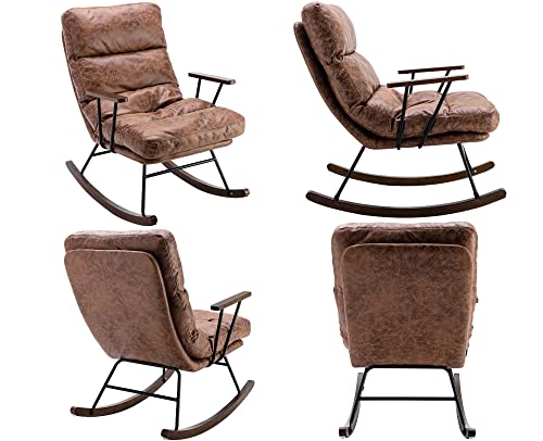 VESCASA Faux Leather Rocking Chair with Adjustable Cushioned Back, Overstuffed Nursery Rocker with Wood Arms, 22" W Lounge Glider Chair for Living Room/Bedroom/Reading, Brown