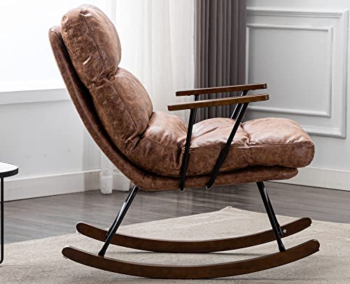 VESCASA Faux Leather Rocking Chair with Adjustable Cushioned Back, Overstuffed Nursery Rocker with Wood Arms, 22" W Lounge Glider Chair for Living Room/Bedroom/Reading, Brown