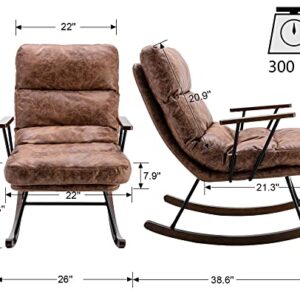 VESCASA Faux Leather Rocking Chair with Adjustable Cushioned Back, Overstuffed Nursery Rocker with Wood Arms, 22" W Lounge Glider Chair for Living Room/Bedroom/Reading, Brown