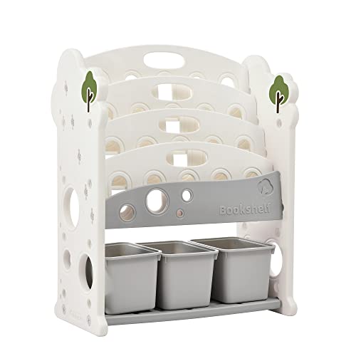 YM sky Kids Toy Organizer Storage Bins and Bookshelf: Multi-Functional Nursery Organizer with 3 Shelf - Removable Children's Toy Box with 4 Large Bins for Playroom Bedroom Living Room (Gray)