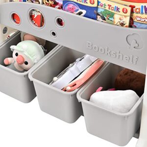 YM sky Kids Toy Organizer Storage Bins and Bookshelf: Multi-Functional Nursery Organizer with 3 Shelf - Removable Children's Toy Box with 4 Large Bins for Playroom Bedroom Living Room (Gray)