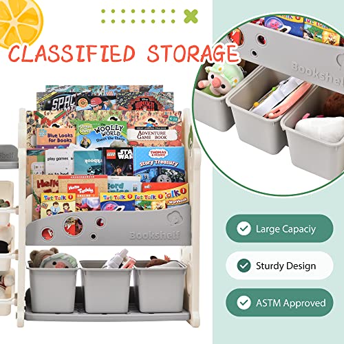 YM sky Kids Toy Organizer Storage Bins and Bookshelf: Multi-Functional Nursery Organizer with 3 Shelf - Removable Children's Toy Box with 4 Large Bins for Playroom Bedroom Living Room (Gray)