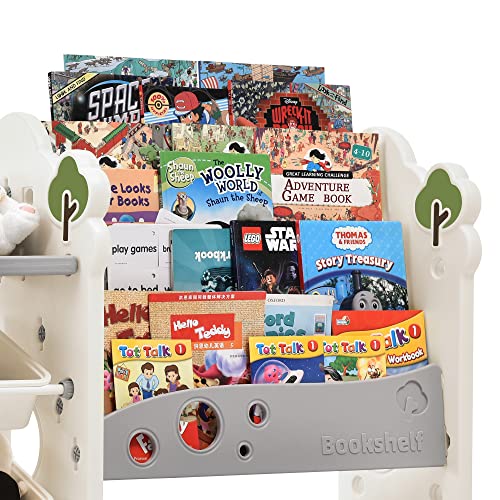 YM sky Kids Toy Organizer Storage Bins and Bookshelf: Multi-Functional Nursery Organizer with 3 Shelf - Removable Children's Toy Box with 4 Large Bins for Playroom Bedroom Living Room (Gray)