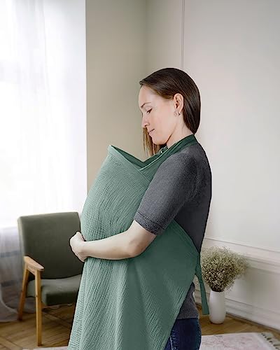 Muslin Nursing Cover for Breastfeeding, Breathable Privacy Nursing Covers with Arch Neckline for Mom, Soft Cotton Multi-use Nursing Apron (Roman Green)