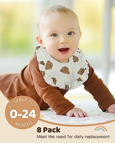 Lictin Muslin Baby Drool Bibs - 8 Pack Baby Bandana Drool Bibs Cotton Unisex, Snap Muslin Bibs for Boys Girls, Absorbent & Soft for Teething and Drooling