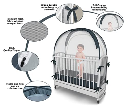 Mumzei Baby Crib Tent to Keep Baby from Climbing Out - Pop Up Safety Crib Net to Keep Baby in - Crib Mosquito Net – See Through Premium Mesh Cover - Grey