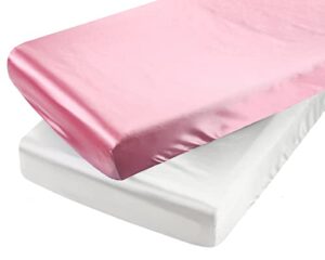 satin pack n play sheet set 2 pack ultra soft silk fitted mini crib sheets playard sheet protect for baby hair and skin, pink & white