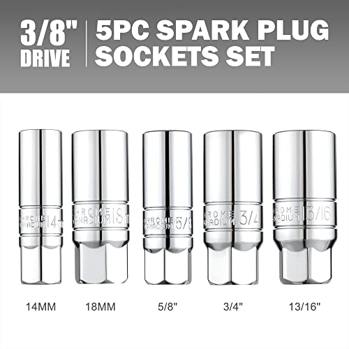 DNA MOTORING 5-Pcs 3/8-inch Drive Spark Plug Socket Set - 5/8" 3/4", 13/16", 14mm, 18mm, SAE & Metric, Cr-V,TOOLS-00152