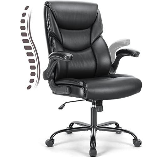 Office Chair - Ergonomic Executive Computer Desk Chairs with Adjustable Flip-up Armrest, Swivel Task Chair with Lumbar Support, Strong Metal Base, PU Leather, Black