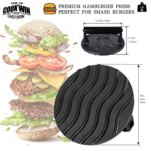 Smash Burger Press-Heavy Duty Hamburger Press with Heat Insulation Handle-6 Inch Cast Iron Burger Smasher,Bacon Press,Sandwich Press-Round Grill Press for Griddle-50 PC Burger Press Patty Paper