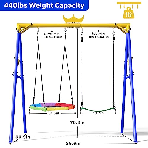 Yohood Swing Sets for Backyard, 440lbs Swing Set Outdoor for Kids, Heavy Duty Frame with U-Shape Design Swingset for Kids, Outdoor Playset with 1 Saucer Swing Seat and 1 Belt Swing Seat(Blue)