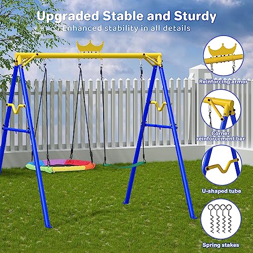 Yohood Swing Sets for Backyard, 440lbs Swing Set Outdoor for Kids, Heavy Duty Frame with U-Shape Design Swingset for Kids, Outdoor Playset with 1 Saucer Swing Seat and 1 Belt Swing Seat(Blue)