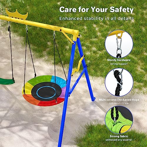 Yohood Swing Sets for Backyard, 440lbs Swing Set Outdoor for Kids, Heavy Duty Frame with U-Shape Design Swingset for Kids, Outdoor Playset with 1 Saucer Swing Seat and 1 Belt Swing Seat(Blue)