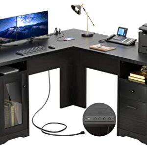 Unikito L Shaped Desk with Drawers, 60 Inch Corner Computer Table with Power Outlet & USB Charging Port, Large Office Desk with File Cabinets, 2 Person Executive Desk with Storage Cabinet, Black