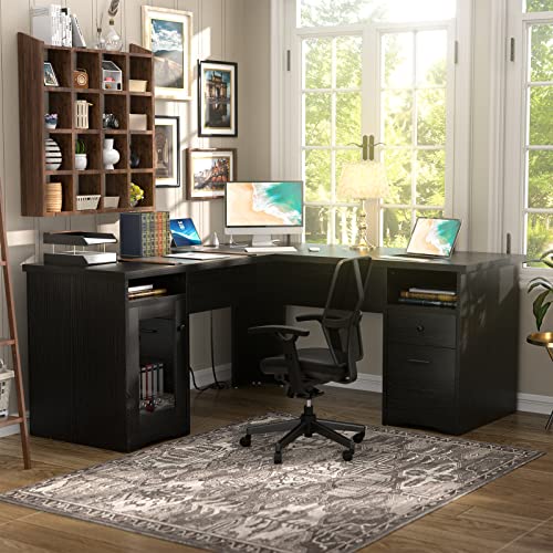 Unikito L Shaped Desk with Drawers, 60 Inch Corner Computer Table with Power Outlet & USB Charging Port, Large Office Desk with File Cabinets, 2 Person Executive Desk with Storage Cabinet, Black