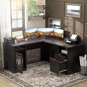 Unikito L Shaped Desk with Drawers, 60 Inch Corner Computer Table with Power Outlet & USB Charging Port, Large Office Desk with File Cabinets, 2 Person Executive Desk with Storage Cabinet, Black