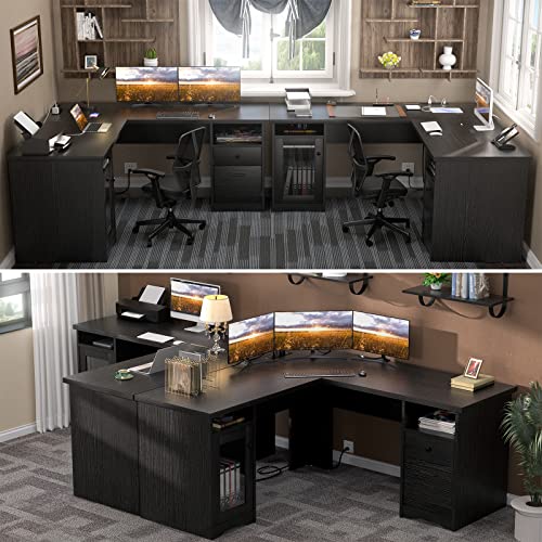 Unikito L Shaped Desk with Drawers, 60 Inch Corner Computer Table with Power Outlet & USB Charging Port, Large Office Desk with File Cabinets, 2 Person Executive Desk with Storage Cabinet, Black