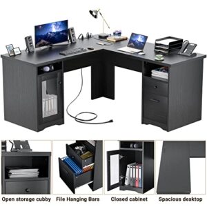 Unikito L Shaped Desk with Drawers, 60 Inch Corner Computer Table with Power Outlet & USB Charging Port, Large Office Desk with File Cabinets, 2 Person Executive Desk with Storage Cabinet, Black