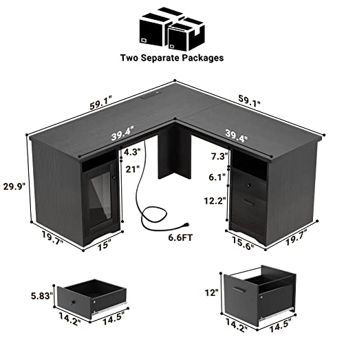 Unikito L Shaped Desk with Drawers, 60 Inch Corner Computer Table with Power Outlet & USB Charging Port, Large Office Desk with File Cabinets, 2 Person Executive Desk with Storage Cabinet, Black