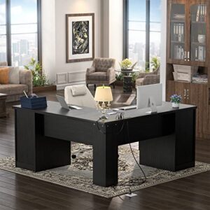 Unikito L Shaped Desk with Drawers, 60 Inch Corner Computer Table with Power Outlet & USB Charging Port, Large Office Desk with File Cabinets, 2 Person Executive Desk with Storage Cabinet, Black