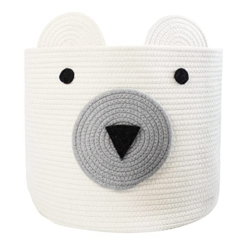 Homearda Cotton Rope Storage Basket with Cute Bear Design Foldable Woven Laundry Basket with Large Capacity Decorative Basket Organizer for Toys, Blanket, Towels, Clothes -White (16D X14H inch)