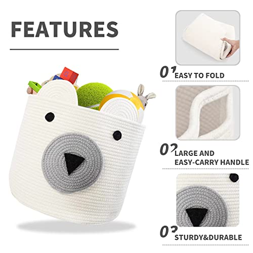 Homearda Cotton Rope Storage Basket with Cute Bear Design Foldable Woven Laundry Basket with Large Capacity Decorative Basket Organizer for Toys, Blanket, Towels, Clothes -White (16D X14H inch)