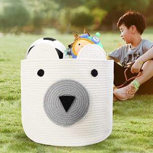 Homearda Cotton Rope Storage Basket with Cute Bear Design Foldable Woven Laundry Basket with Large Capacity Decorative Basket Organizer for Toys, Blanket, Towels, Clothes -White (16D X14H inch)