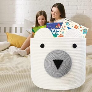 Homearda Cotton Rope Storage Basket with Cute Bear Design Foldable Woven Laundry Basket with Large Capacity Decorative Basket Organizer for Toys, Blanket, Towels, Clothes -White (16D X14H inch)