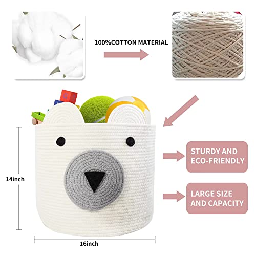 Homearda Cotton Rope Storage Basket with Cute Bear Design Foldable Woven Laundry Basket with Large Capacity Decorative Basket Organizer for Toys, Blanket, Towels, Clothes -White (16D X14H inch)