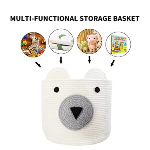 Homearda Cotton Rope Storage Basket with Cute Bear Design Foldable Woven Laundry Basket with Large Capacity Decorative Basket Organizer for Toys, Blanket, Towels, Clothes -White (16D X14H inch)